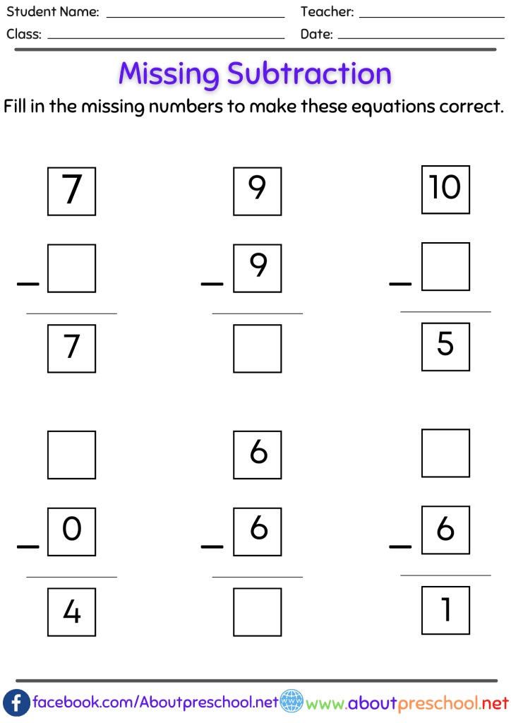 Missing number subtraction worksheets pdf-10 - About Preschool