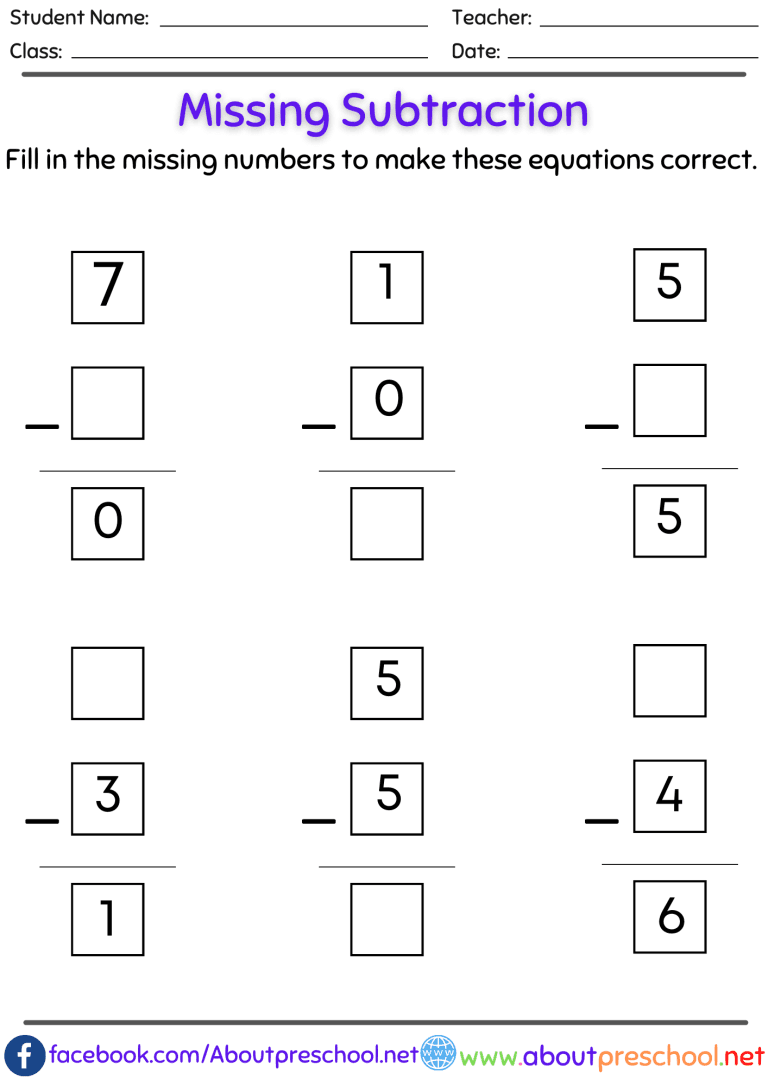 Missing number subtraction worksheets pdf-8 - About Preschool