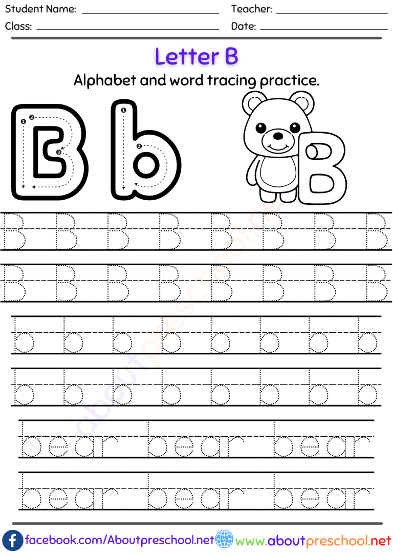 Free Letter B Alphabet tracing worksheets - About Preschool