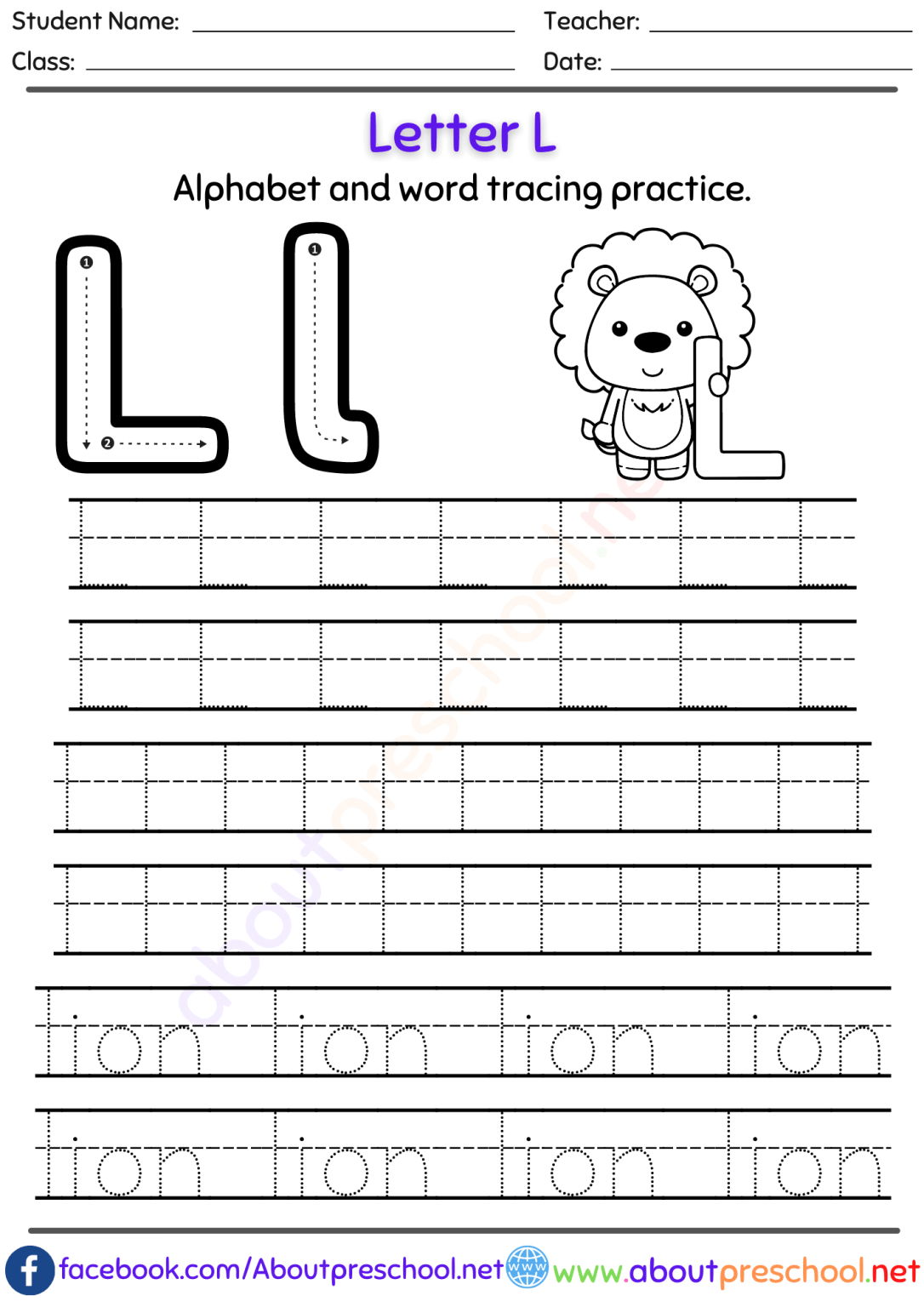 Free Letter L Alphabet tracing worksheets - About Preschool
