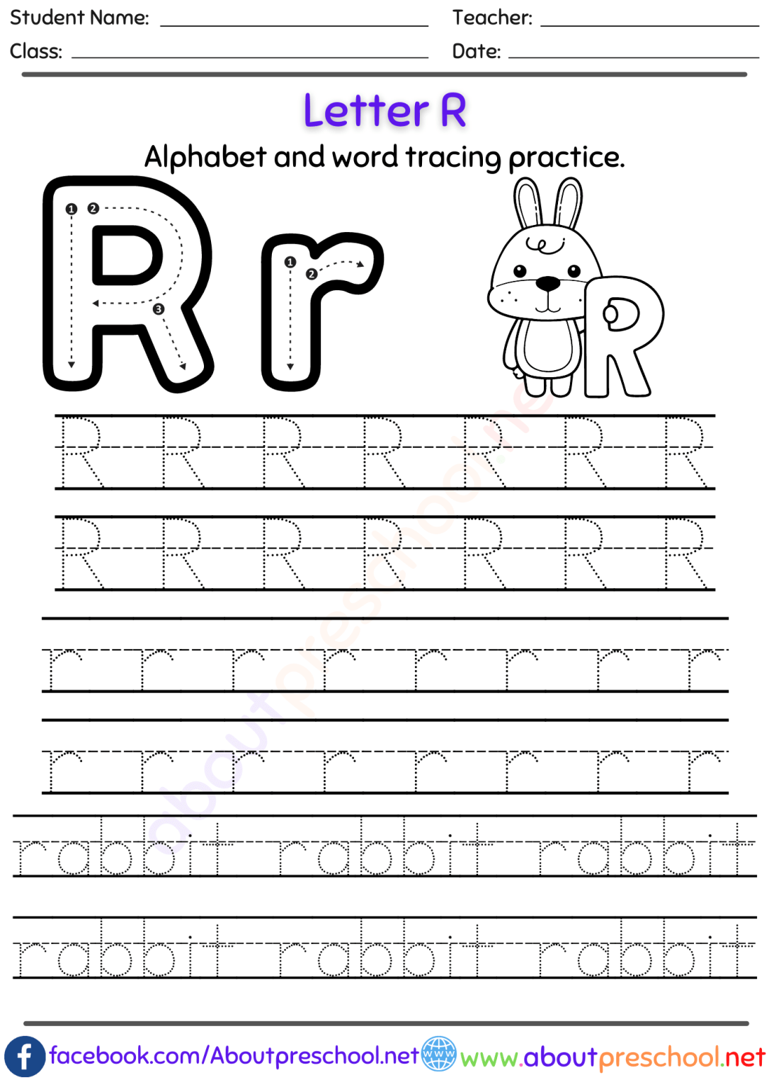 Free Letter R Alphabet tracing worksheets - About Preschool