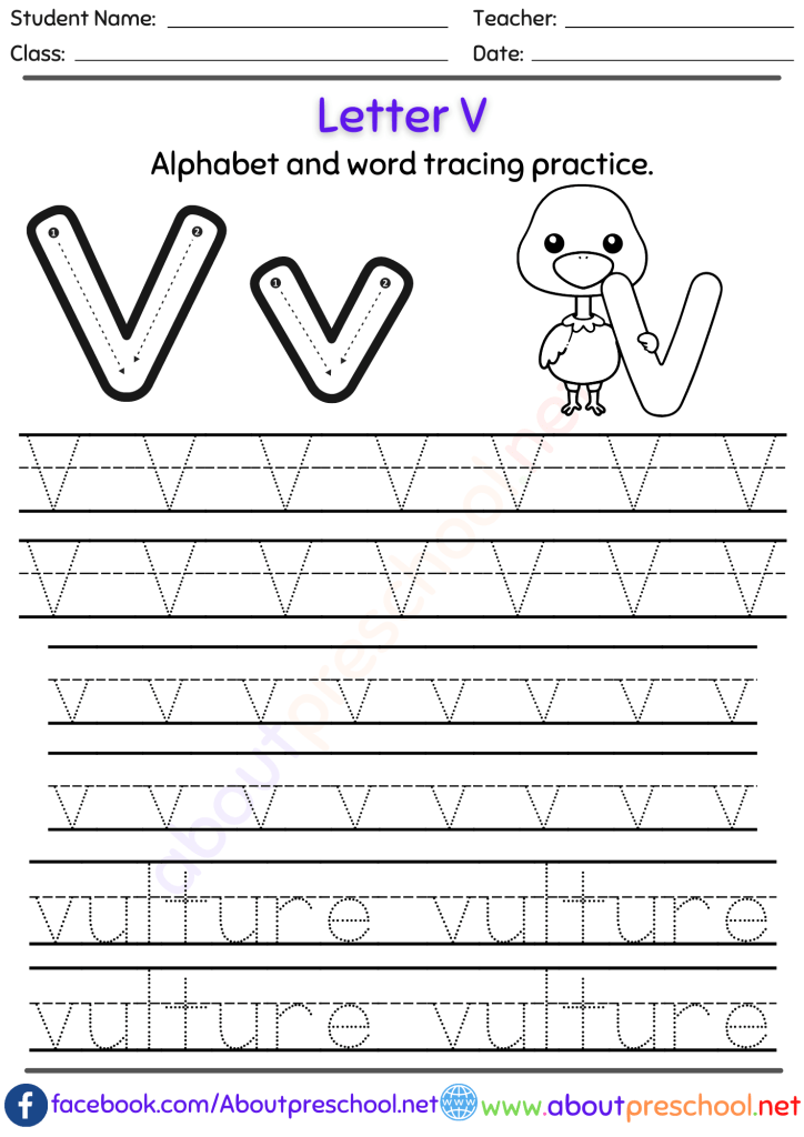 Free Letter V Alphabet tracing worksheets - About Preschool
