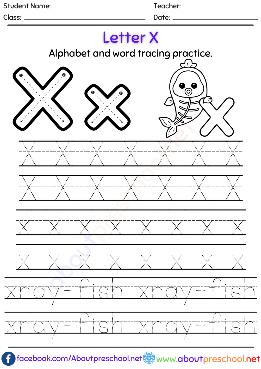 Free Letter X Alphabet tracing worksheets - About Preschool