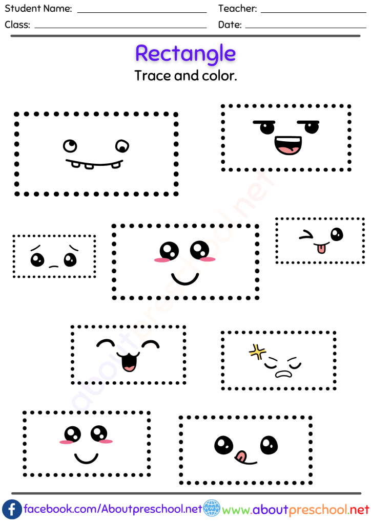 Free Shapes trace and color worksheet Rectangle - About Preschool