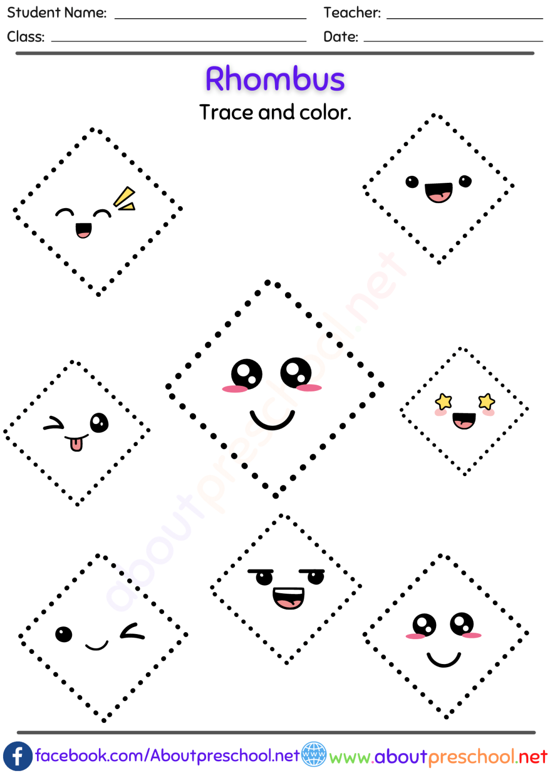 Free Shapes trace and color worksheet Rhombus - About Preschool