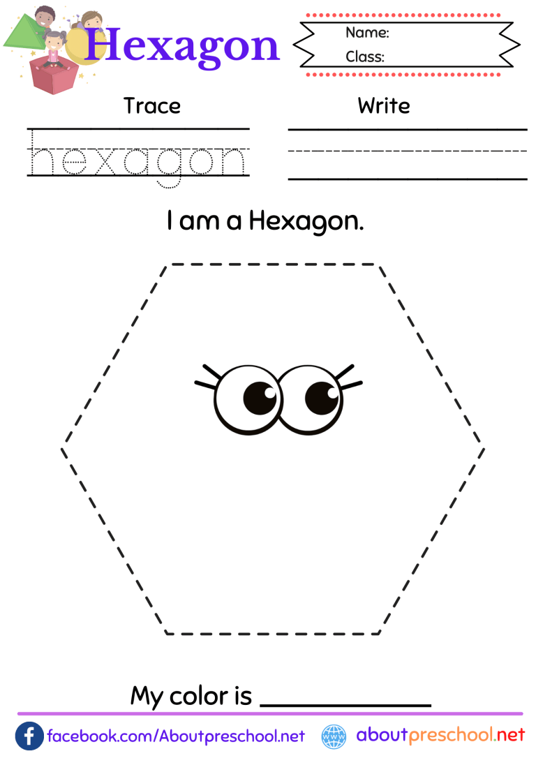 Free Trace and Color the hexagon worksheet - About Preschool