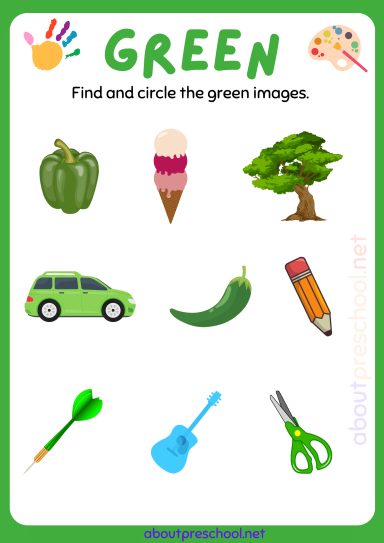 Color Green worksheets for Kindergarten - About Preschool
