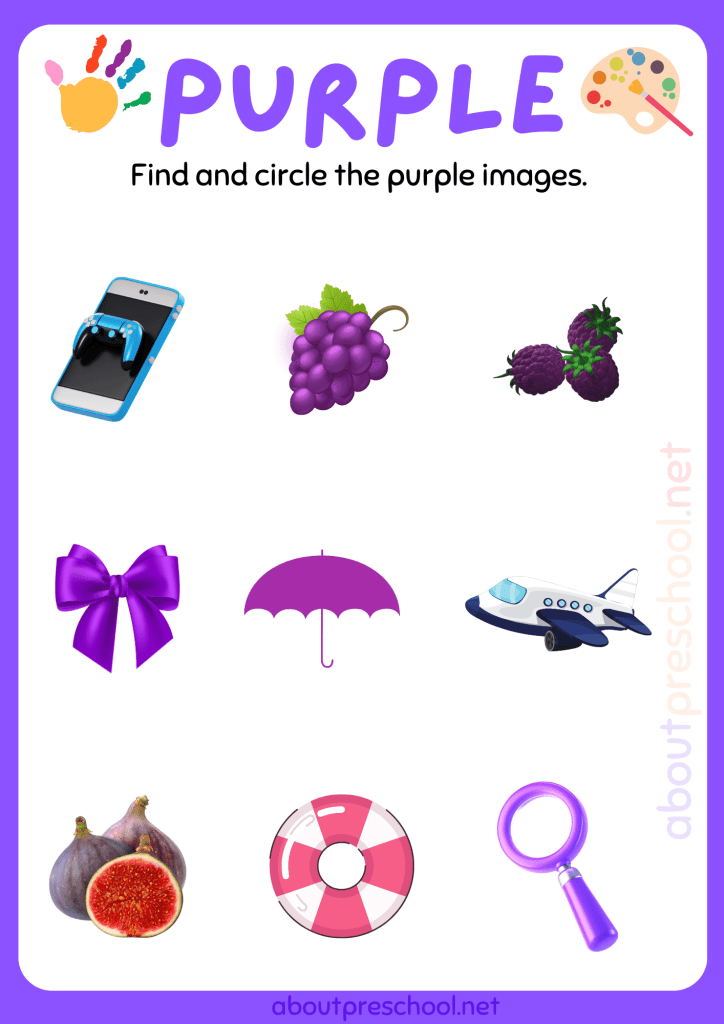 Color Purple worksheets for Kindergarten - About Preschool