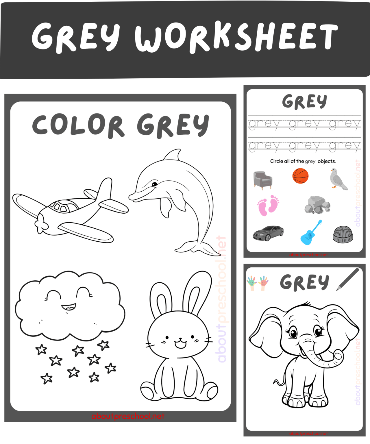 Color Grey worksheets for Kindergarten - About Preschool