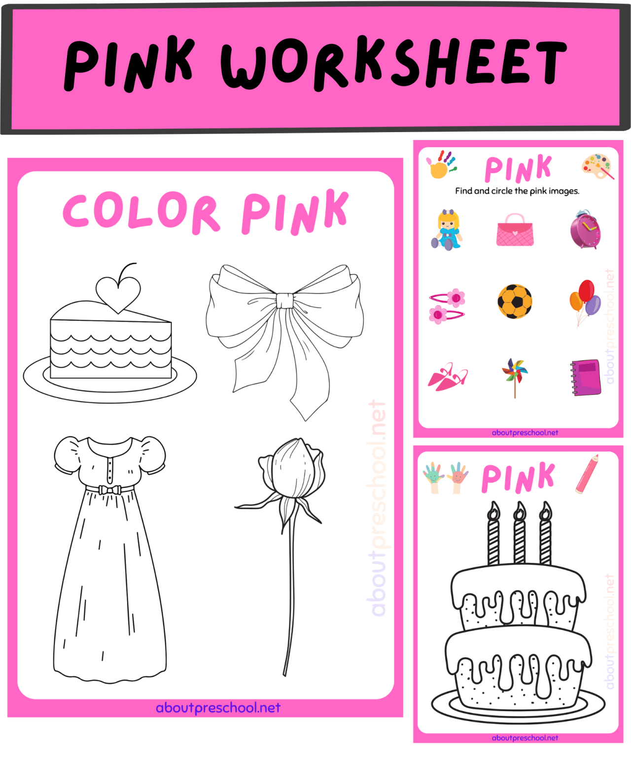 Color Pink worksheets for Kindergarten - About Preschool