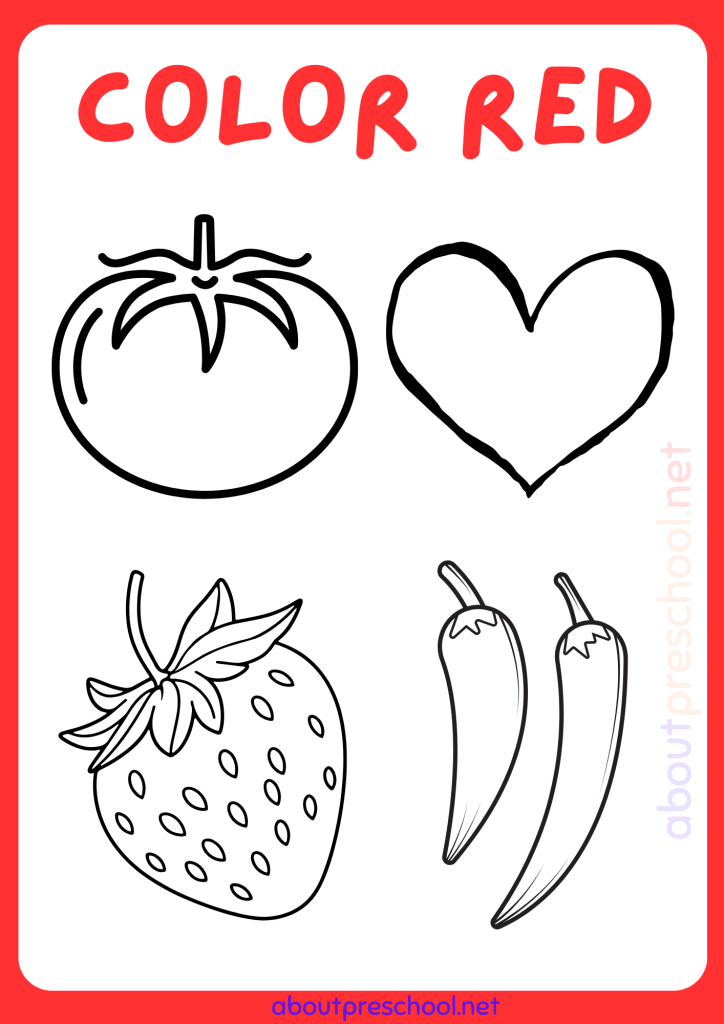 Color Red worksheets for Kindergarten - About Preschool