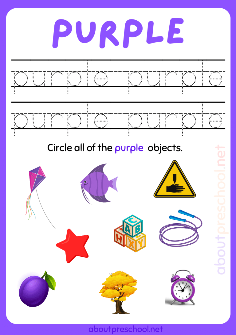 Color Purple worksheets for Kindergarten - About Preschool