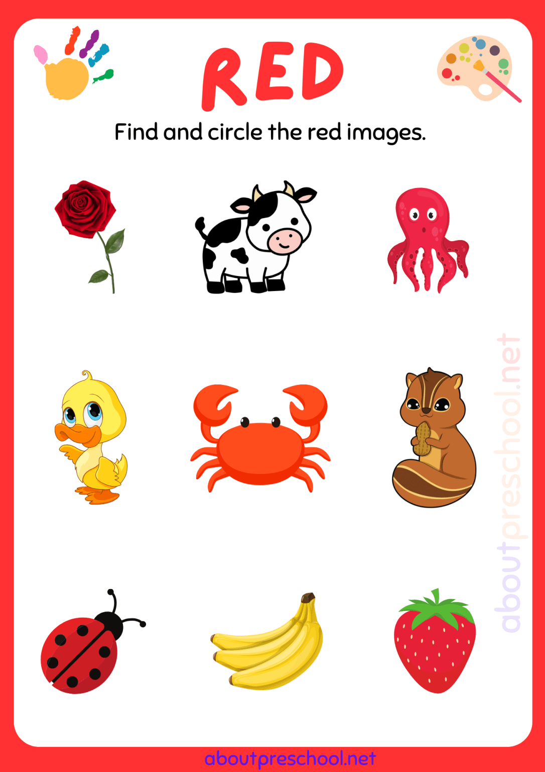 Color Red worksheets for Kindergarten - About Preschool