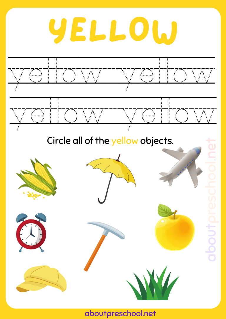 Color Yellow worksheets for Kindergarten - About Preschool